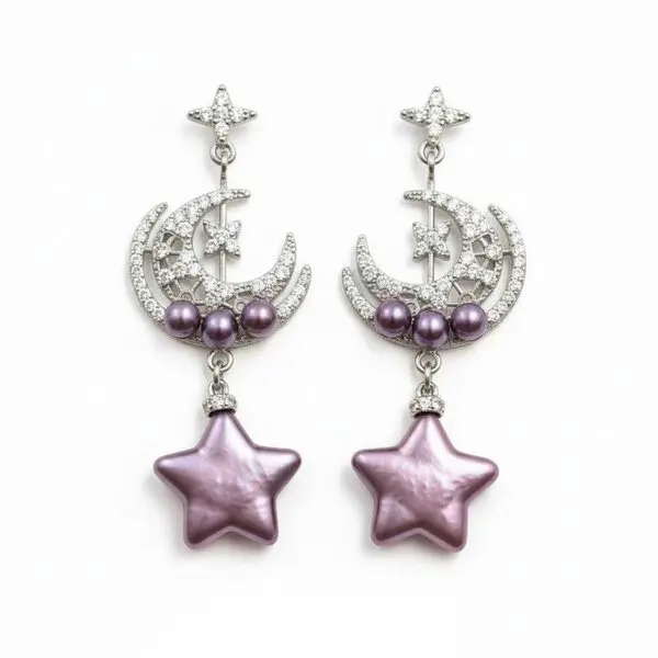 NINEMOO Moonlit Bloom Violet Star Pearl Drop Earrings - Silver