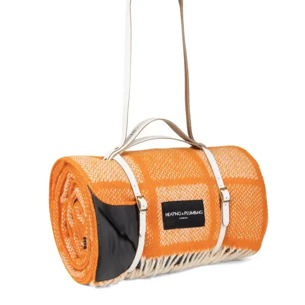 HEATING & PLUMBING LONDON Pure New Wool Waterproof Picnic Blanket Mosaic Orange - White
