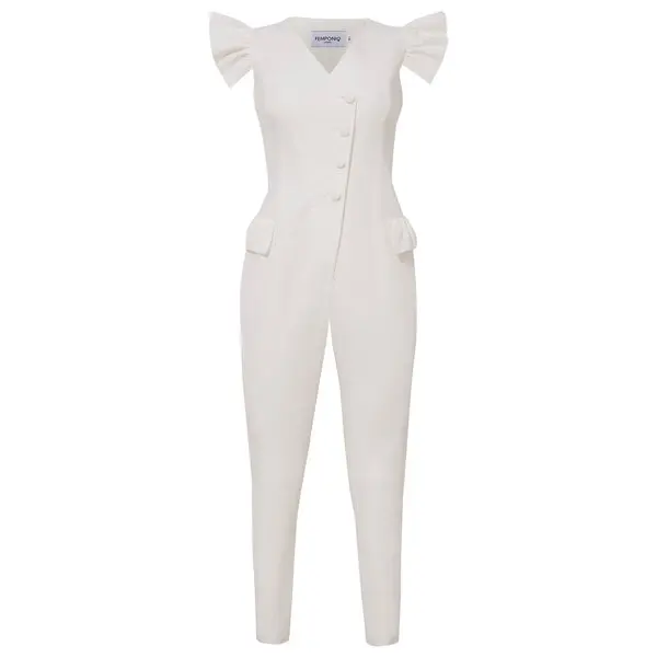 FEMPONIQ Ruffled Sleeve Tuxedo Jumpsuit - White