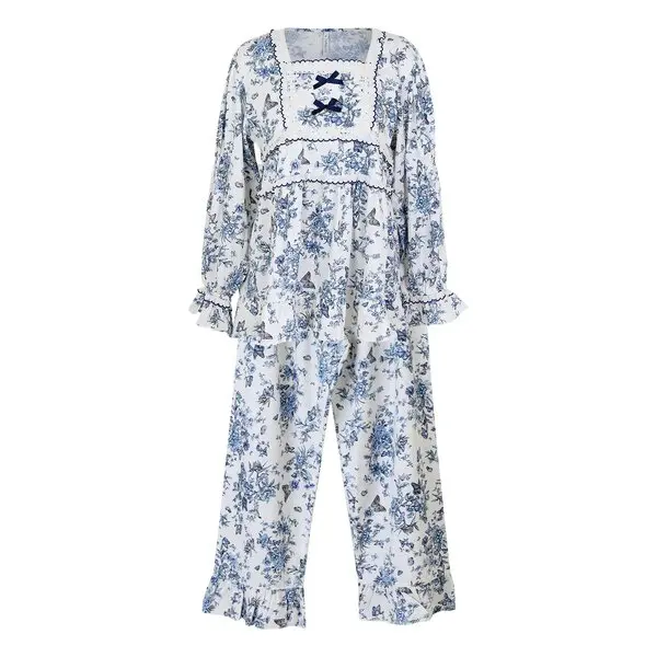 LUNALUZ Jardin Modal-cotton Square-neck Pajama Set - Blue