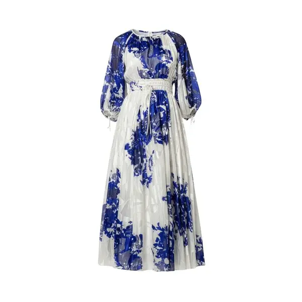 IZABELA MANDOIU Printed Silk Midi Dress With Tie - White/blue