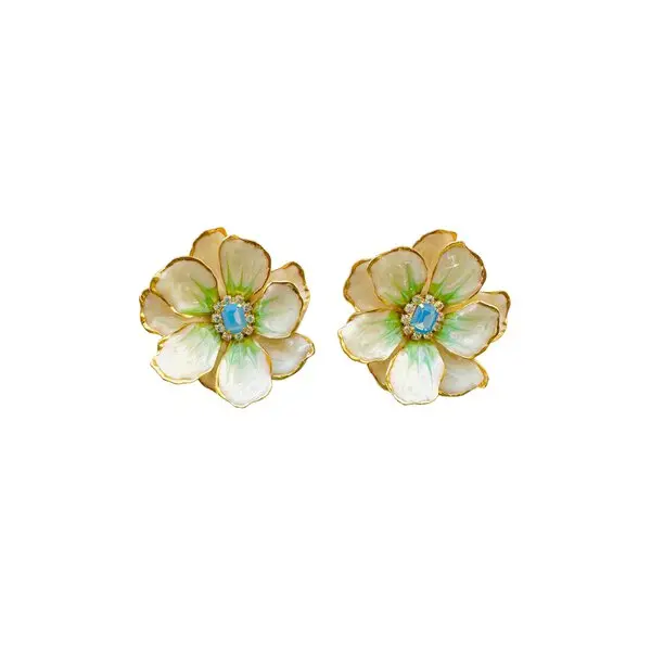 THE PINK REEF Floral Crystal Drop Earrings - Green/white