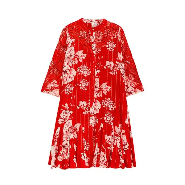 NIZA Gardenia Printed Cotton Shirt Dress - White/red