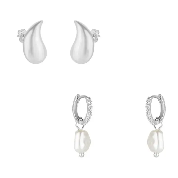 SPERO LONDON Pear Teardrop And Huggie Pearl Drop Sterling Earrings - Silver