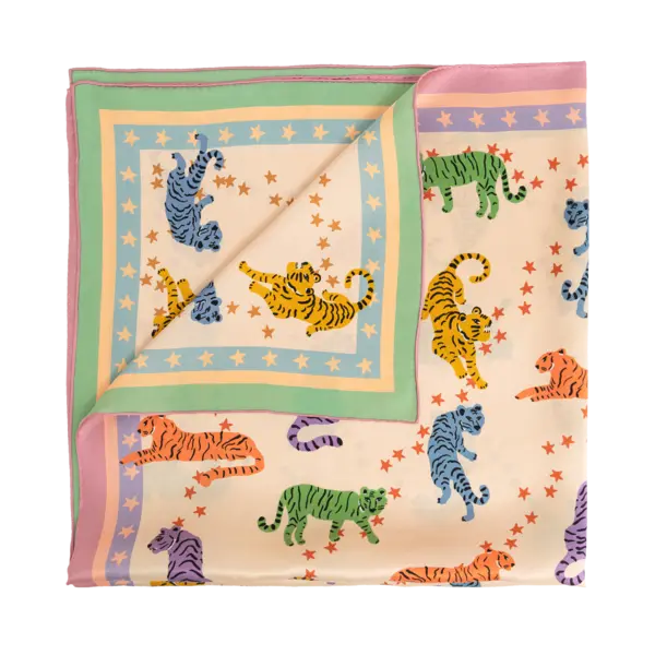 LOST PATTERN Neon Tigers" Large Silk Scarf - Green