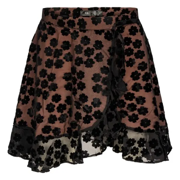 INTROVERTIE VIENNA Wrap Mini Skirt With Floral Burnout And Ruffle Hem - Black