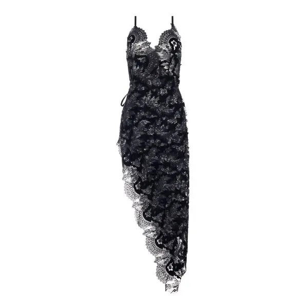 BELLE ET BON BON Florentina Noir Velvet & Tulle Beaded Long Dress With Chiffon Slip - Black