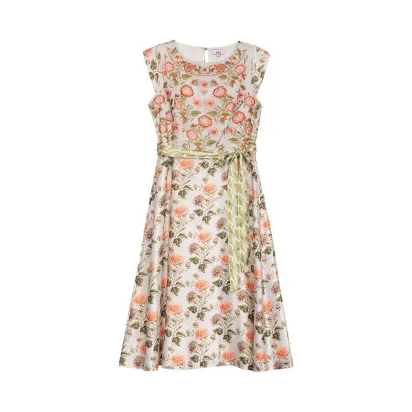 NIZA Printed Midi Dress With Floral Embroidery And Belt