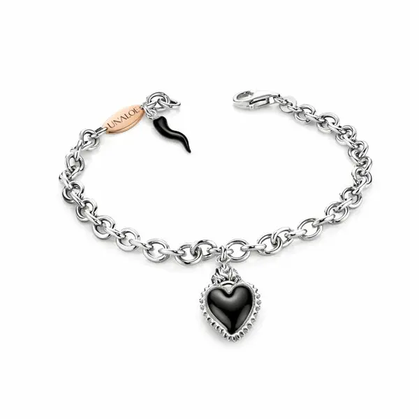 UNALOE Sterling Silver Bracelet With Heart And Cornicello Charms - Silver/black