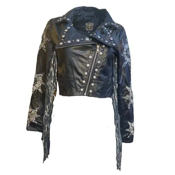 ANY OLD IRON Star Fringe Leather Moto Jacket