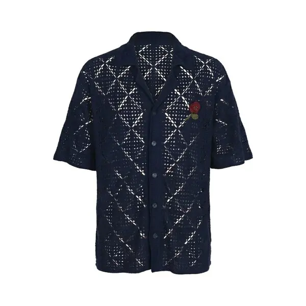 MODENAIRE Open Knit Short Sleeve Shirt With Floral Embroidered Detail - Blue