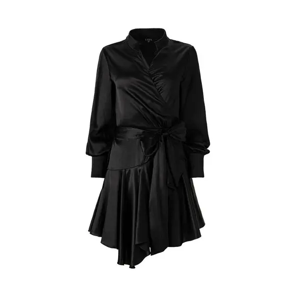 LITA COUTURE Ruffle Hem Silk Wrap Dress - Black