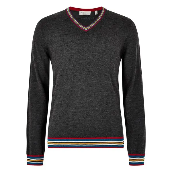 MG RIVERS Extra-fine Merino & Silk V-neck Sweater With Striped Trim