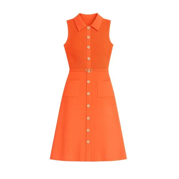 YUMI Rib Knitted Skater Dress With Buckle Detail - Orange
