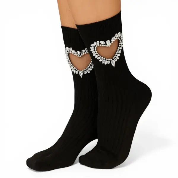 HIGH HEEL JUNGLE BY KATHRYN EISMAN Gem Crystal Heart Socks - Black