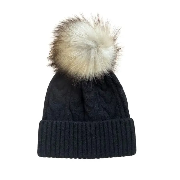 HORTONS ENGLAND Celtic Knit Wool Beanie With Faux Fur Pom Pom - Black
