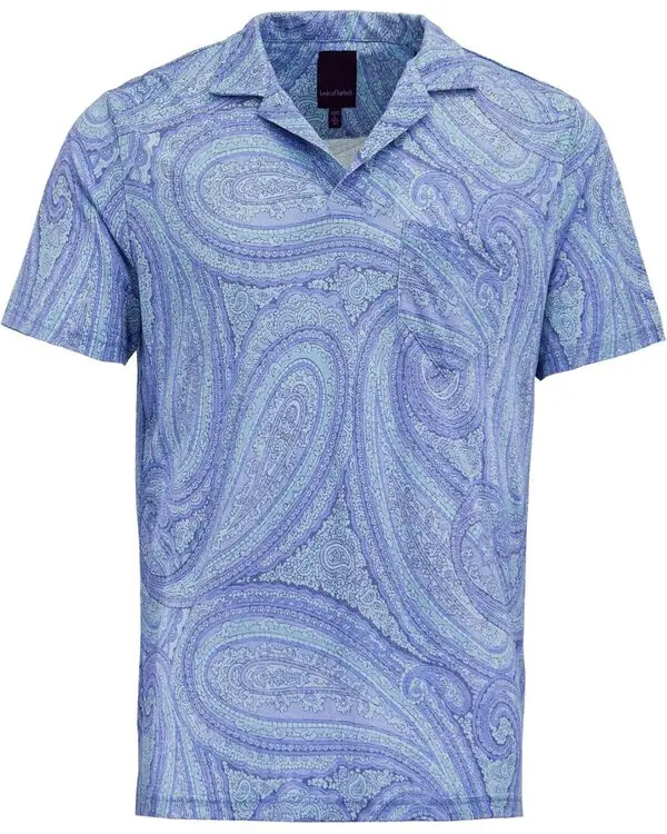 LORDS OF HARLECH Bobby Wild Paisley Oxford Merino Jersey Collared Shirt - Blue