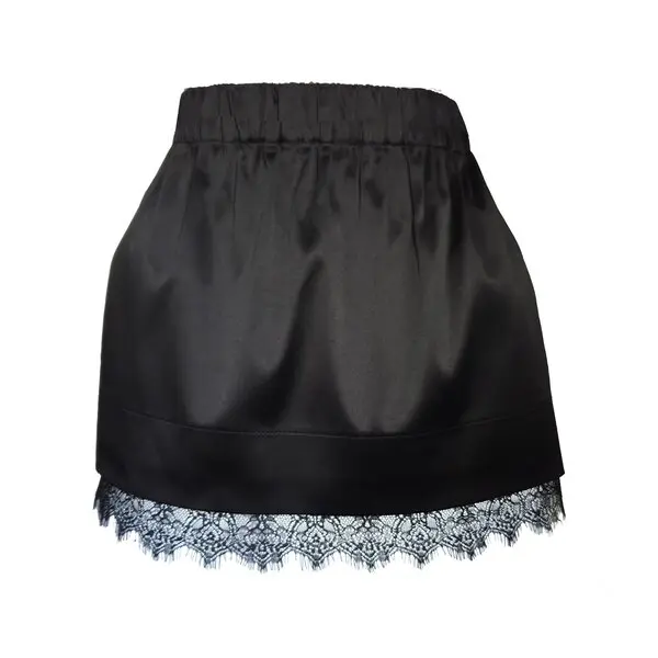 LANGNER Satin Cotton Mini Skirt With Lace Trim - Black