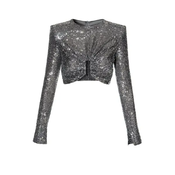 AGGI BY HALEWSKI Meg Diamond Sequined Crop Top - Silver