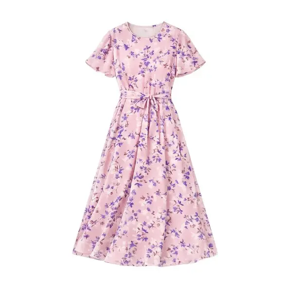 YUMI Blossom Skater Midi Dress With Angel Sleeves - Pink