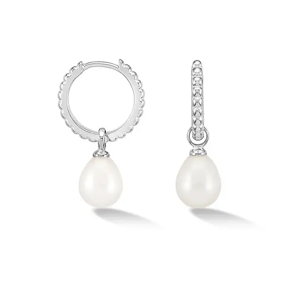 DOWER & HALL Oval Pearl Charm Huggie Hoop Earrings - White/silver