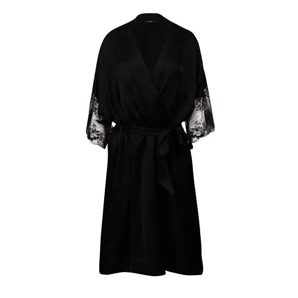OH!ZUZA NIGHT&DAY Satin Robe With Lace Timeless Elegance - Black