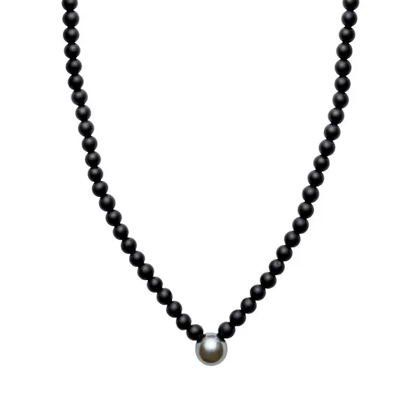 ORA PEARLS Aro Round Tahitian Pearl & Matt Onyx V Shape Necklace - Black/grey