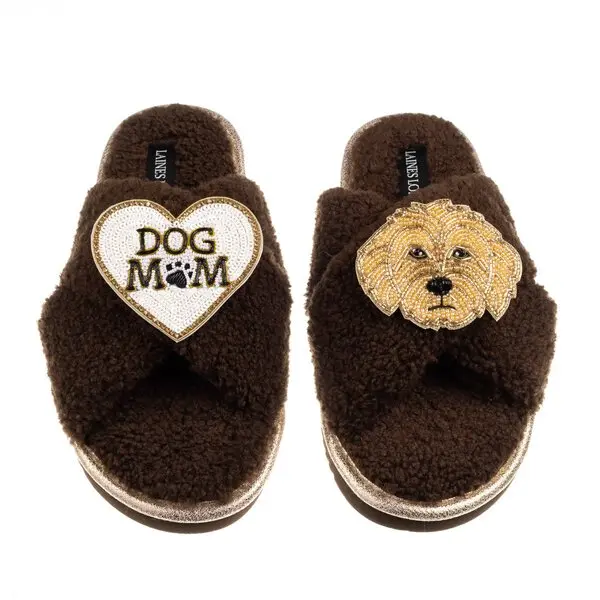 LAINES LONDON Boucle Slippers With Dog Brooches - Brown