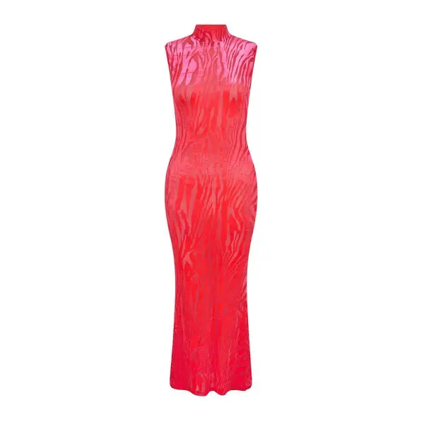 SOUR FIGS Velvet Zebra Pattern High Neck Maxi Dress - Pink/red