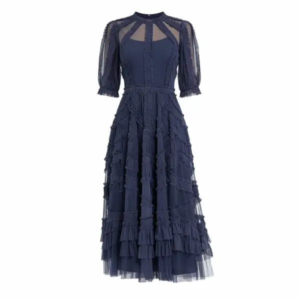 Mac Duggal High Neck Ruffle Tiered Midi Dress