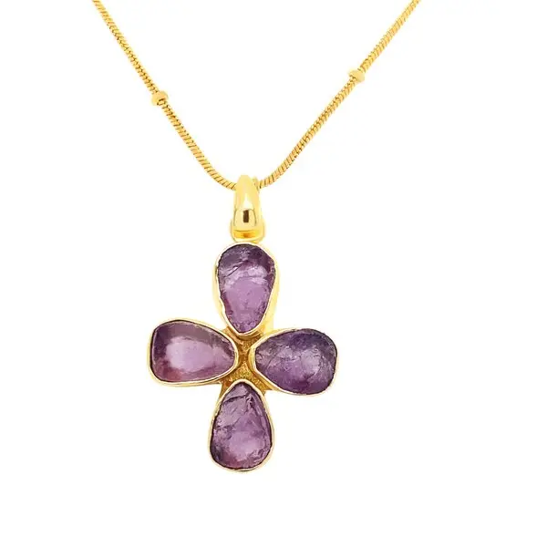 GEM BAZAAR JEWELLERY Yellow Gold Amethyst Cross Pendant - Gold/yellow
