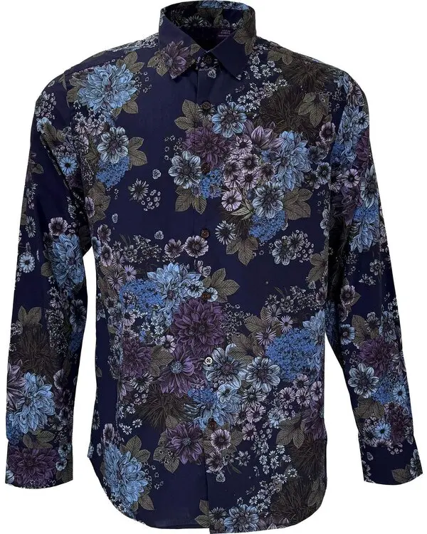 LORDS OF HARLECH Nicoli Marco Floral Cotton Shirt Navy - Blue