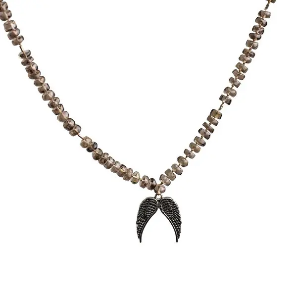 AMONTA Smoky Quartz Necklace With Sterling Silver Angel Wings Pendant - Brown/silver