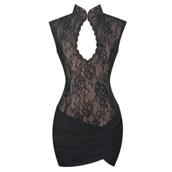 MISS CIRCLE NEW YORK Lace Teardrop Neckline Ruched Mini Dress - Black