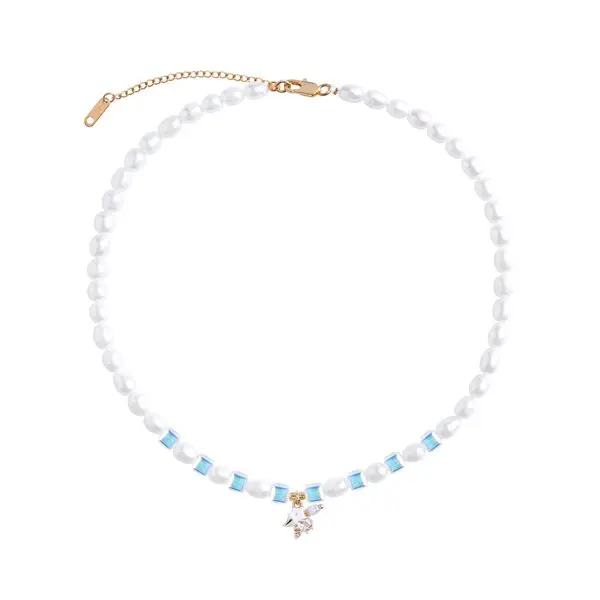 MY LITTLE NATURE Freshwater Pearl Necklace With Austrian Glass Beads And Flower Charm - White/blue