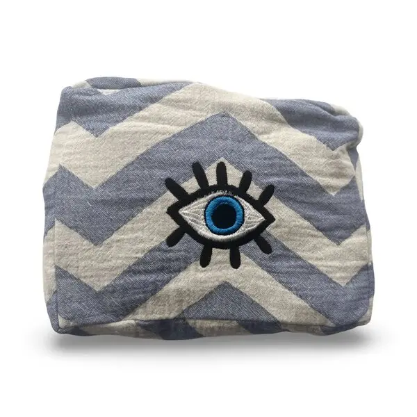 CASA DUNIYA Ohana Cotton Cosmetic Pouch With Evil Eye Embroidery - Blue