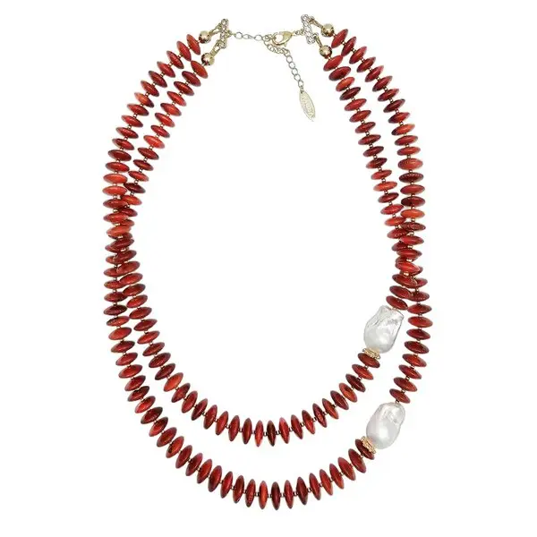 FARRA Bamboo Coral And Baroque Pearl Double Necklace - Red