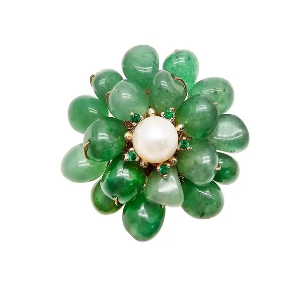 FARRA Flower Shaped Aventurine Brooch - Green