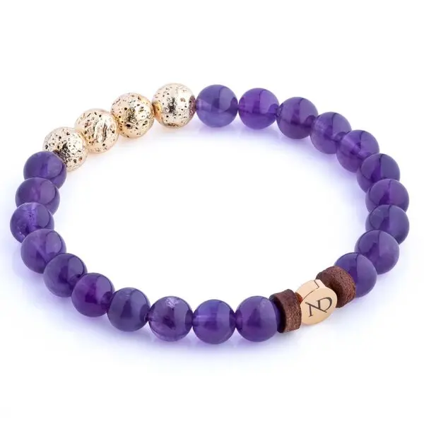 N'DAMUS LONDON Leather Amethyst & Gold Gemstone Beaded Bracelet - Purple