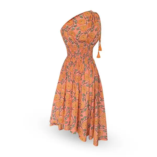 PICK HAPPY One-shoulder Floral Print Dress With Silk Tassels - Orange