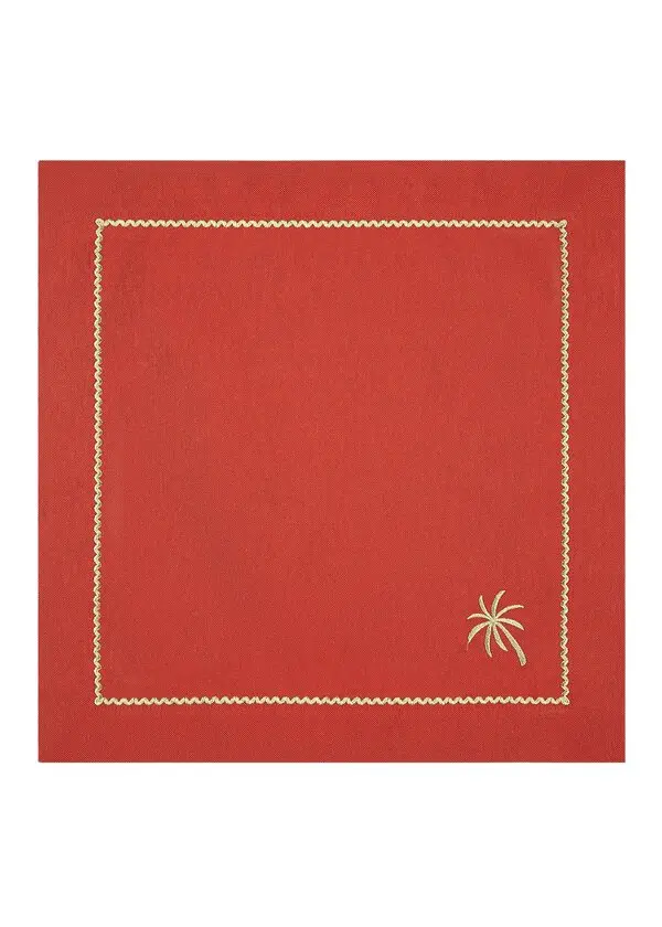 ROUMÉLIE ORIENTALE Brick Embroidered Napkin Set Of Four Brick Palm Charm - Red