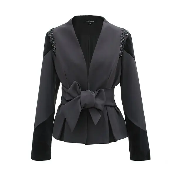SMART AND JOY Bi-material Blazer With Embroideries And Knotted Belt