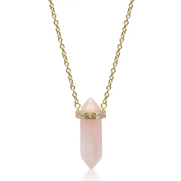 NIALAYA JEWELRY Sterling Silver Rose Quartz Crystal Necklace With Evil Eye - Gold