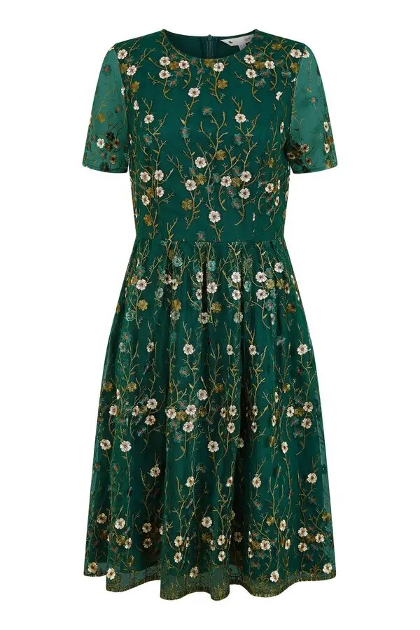 YUMI Embroidered Floral Skater Dress - Green