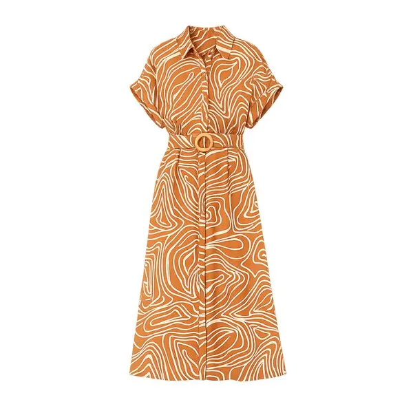 YUMI Abstract Swirl Print Relaxed Midi Shirt Dress With Belt - Brown
