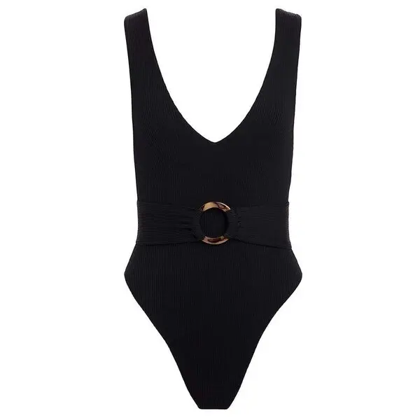 MONTCE Ribbed Belted One-piece Swimsuit - Black