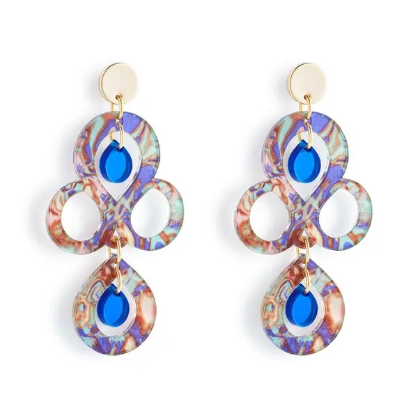 TOOLALLY Petite Batik Drop Earrings - Blue/gold/green