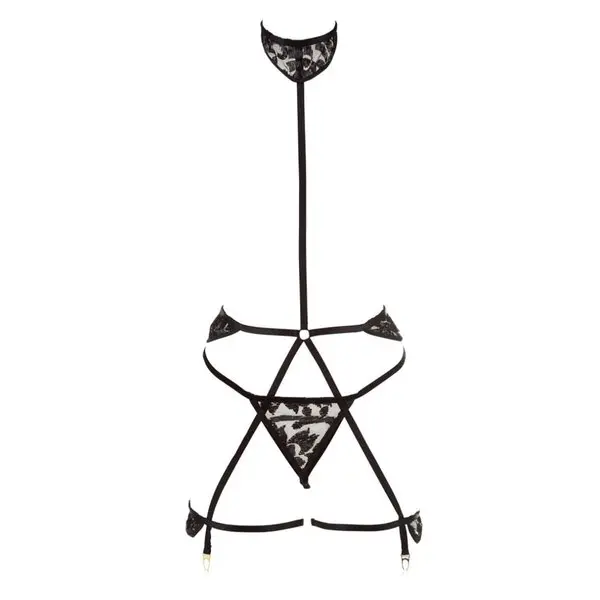 BELLE ET BON BON Wet Look Harness Sparkling Sequin Lace Set With Matching Thong - Black