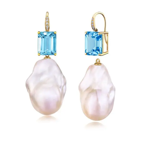 KAI FINE JEWELRY Emerald-cut Topaz And Baroque Pearl Convertible Drop Earrings - Blue/white/gold