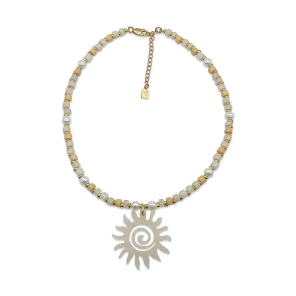 TOOLALLY Beaded Sun Pendant Necklace - White/gold